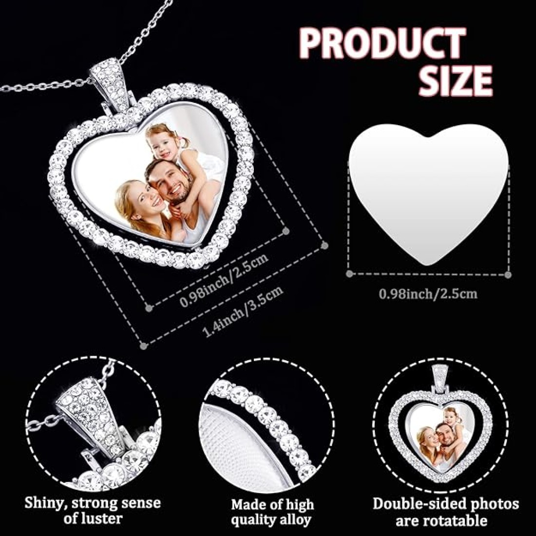 Sublimation Heart-Shaped Rhinestone Pendant 360° Spin Necklace