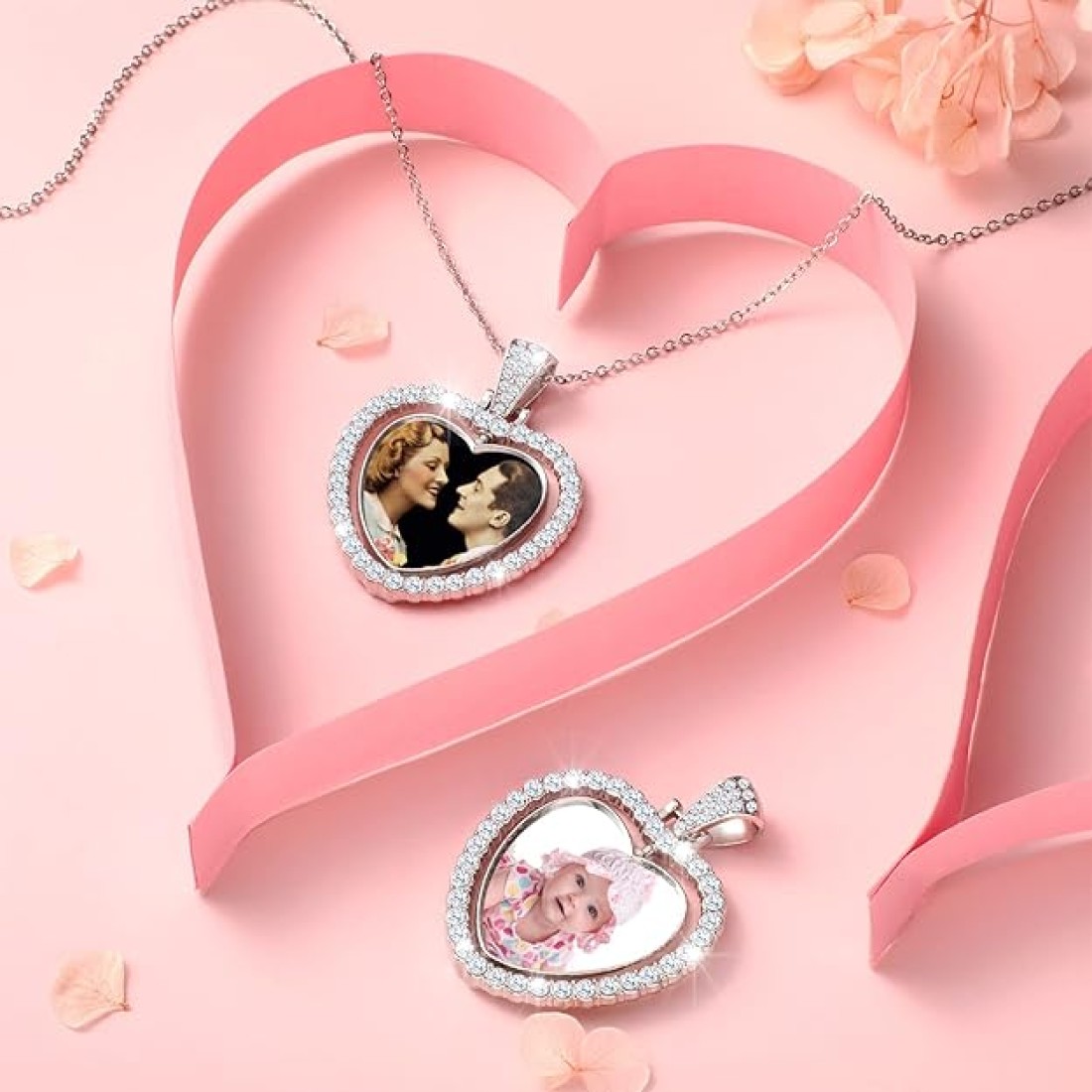 Sublimation Heart-Shaped Rhinestone Pendant 360° Spin Necklace